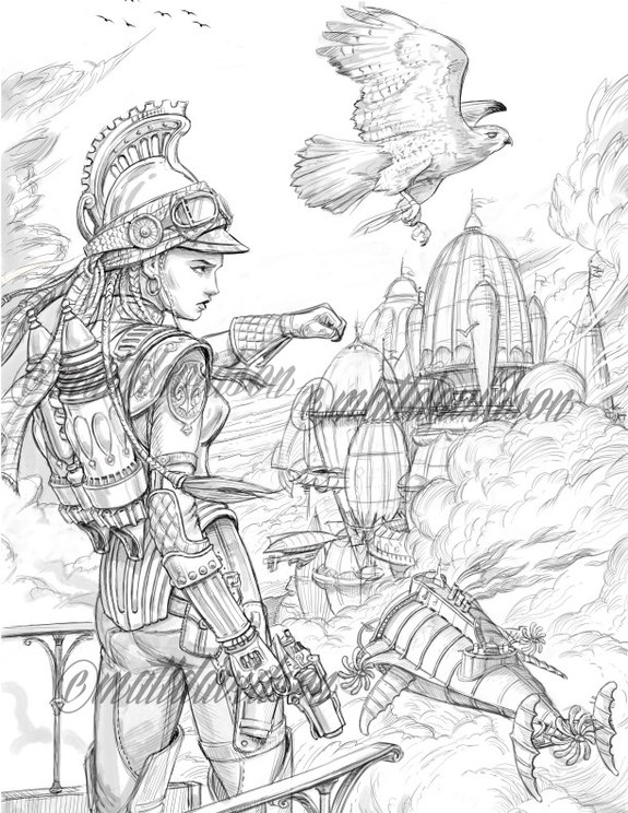 Sky Pirate Adult Coloring Page, Steampunk - davidsondrawings. Adult ...
