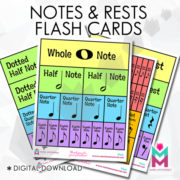 Notes & Rests Color Flash Cards - MariaMonserrat Store. Notes & Rests ...